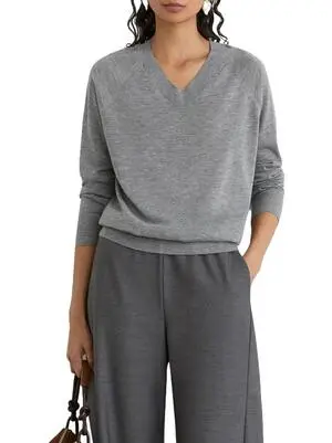 REISS Paris V-neck Merino Wool Sweater - Grey