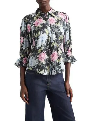 Cinq À Sept Fiona Ikat Dahlia Three-quarter Sleeve Shirt - Black Multi
