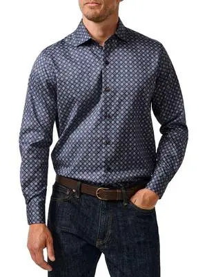 David Donahue Diamond Print Pima Cotton Button-up Shirt - Navy/brown
