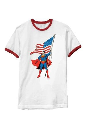 SUPERMAN Proud American Flag Short Sleeve Ringer T-shirt - White/red