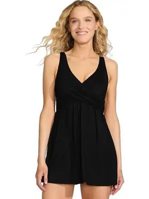 LANDS' END Slendersuit V-neck Wrap Swim Dress One Piece Swimsuit Adjustable Straps - Black