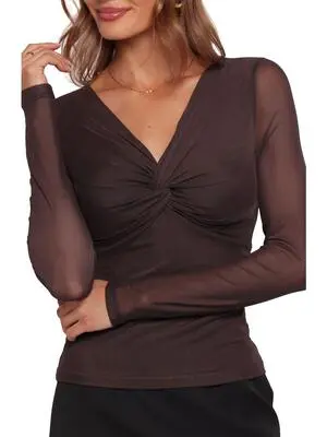 PETAL & PUP Ellera Twist V-neck Mesh Top - Brown