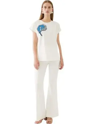 EXQUISE Embroidered Detail Crew Neck T Shirt - Bone