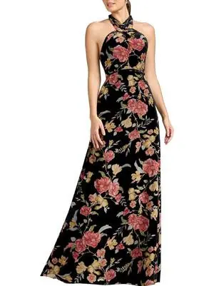 Dress The Population Brighton Floral Burnout Velvet Halter Gown - Black Multi