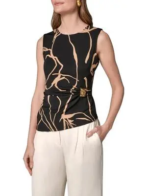 Donna Karan New York Hardware Print Gather Sleeveless Top - Blk/fawn
