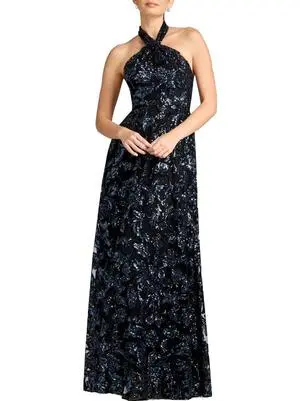 Dress The Population Manon Sequin Halter Gown - Black Multi