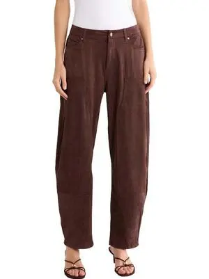 KITTENISH High Waist Faux Suede Barrel Leg Jeans - Espresso