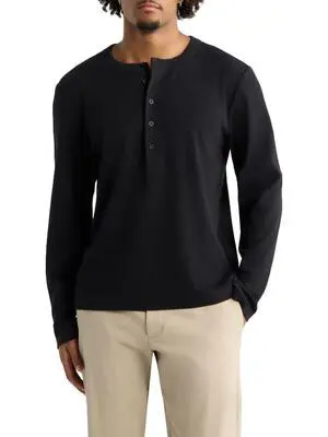 OPEN EDIT Fitted Long Sleeve Stretch Cotton Rib Henley Black