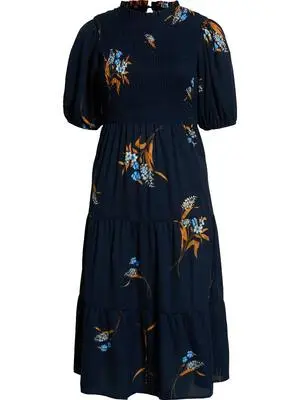 SUGARLIPS Dusk Bloom Floral Smocked Tiered Dress Navy-multi
