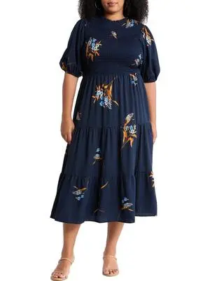 SUGARLIPS Dusk Bloom Floral Smocked Tiered Dress - Navy-multi