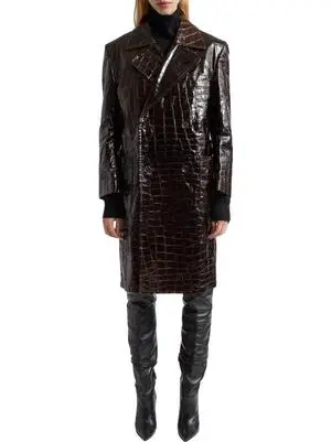 Junya Watanabe Croc Embossed Faux Leather Trench Coat - Brown