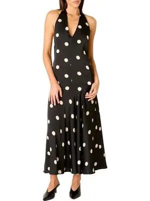 NIA Verona Polka Dot Drop Waist Halter Midi Dress - Black
