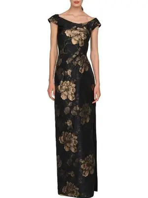 KAY UNGER Myla Metallic Floral Jacquard Column Gown - Dk Twilight