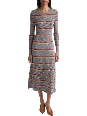 Veronica Beard Nami Stripe & Space Dye Long Sleeve Sweater Dress - Rust Multi