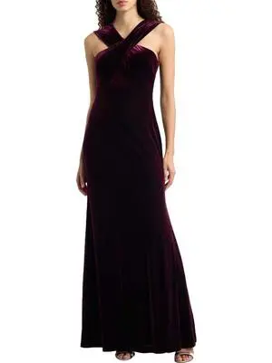 Eliza J Cross Neck Velvet Mermaid Gown - Plum