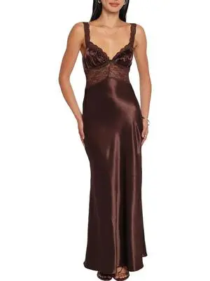 PETAL & PUP Nitara Lace Trim Satin Maxi Dress - Brown