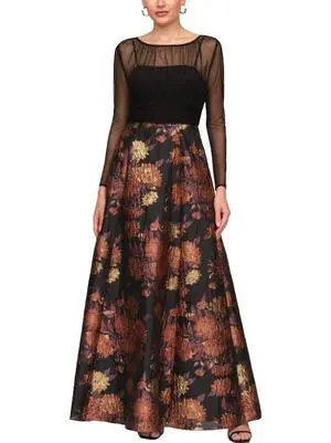 JS COLLECTIONS Yuna Long Sleeve Mixed Media Metallic Floral Jacquard Gown