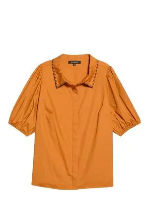 SUGARLIPS Blanket Stitch Collar Puff Sleeve Cotton Shirt - Rust