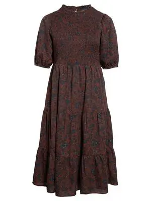 SUGARLIPS Kalida Beau Frazier Smocked Tiered Midi Dress Chocolate