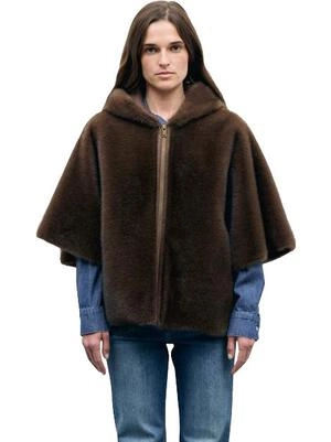 Gerard Darel Amel Faux Fur Hooded Cape - Cigar