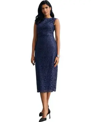 The Fold Valencia Lace Round Neck Dress - Blue