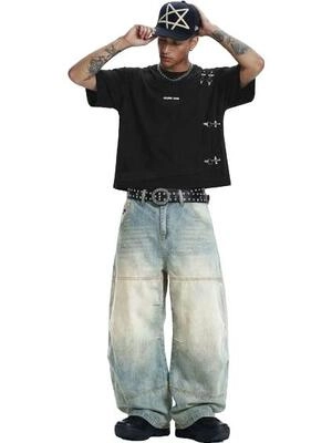 AELFRIC EDEN Washed Panel Baggy Barrel Jeans - Blue