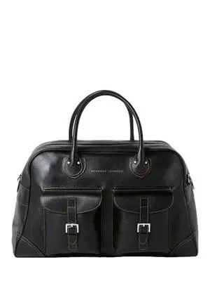 Brunello Cucinelli Grained Calfskin Weekender Bag - Black