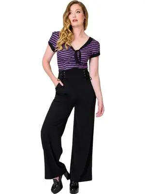 Unique Vintage Lace Up High Waist Trousers - Black Solid