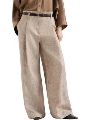 Brunello Cucinelli Linen Denim Pleated A-line Trousers With Monili - Light Brown