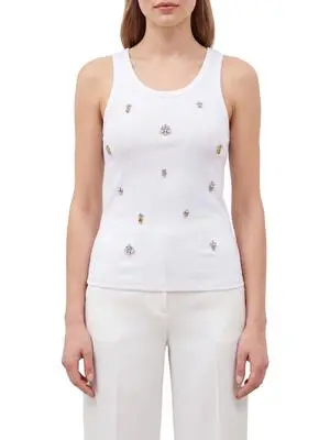 Liu Jo Slim Fit Sleeveless Cotton Top With Crystal Embellishment - White