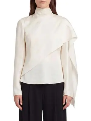 RÓHE Asymmetrical Pure Silk Blouse With High Neck And Long Sleeves Cream