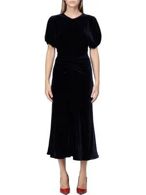 VICTORIA BECKHAM Bela Velvet Midi Sheath Dress With Puff Sleeves