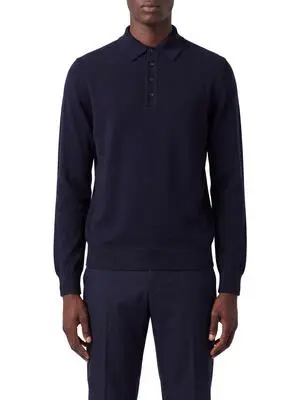 KANGRA Long-sleeved Extrafine Merino Wool Knit Polo - Blue