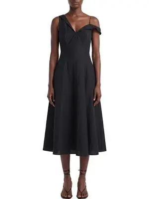 RÓHE Asymmetric Neckline Cotton Blend Midi Ceremony Dress - Black