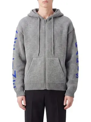 Celine Zip-up Hoodie In Knitted Wool With Jacquard Logo Grey