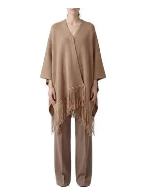 Max Mara Knee-length Wrap Cape In Wool And Cashmere With Fringed Hem - Brown