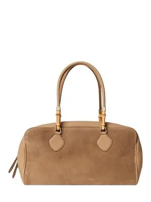 Gucci Large Boston Bag With Bamboo, Beige, Suede Beige