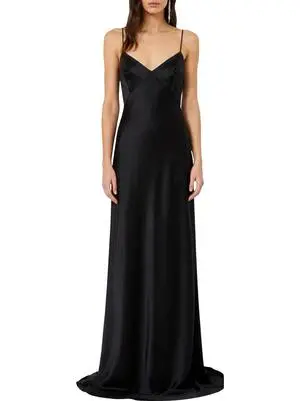 Max Mara Long Satin V-neck Evening Gown With Small Train - Black