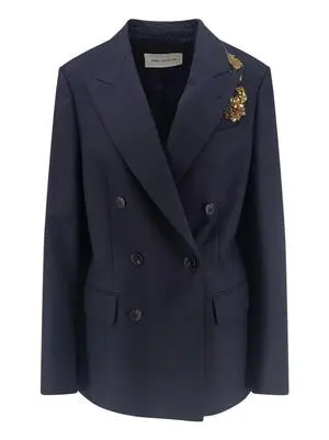 Dries Van Noten Barrysta Wool Blazer With Gold Embroidery - Blue