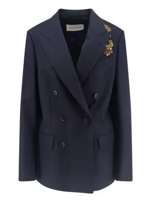 Dries Van Noten Barrysta Wool Blazer With Gold Embroidery - Blue
