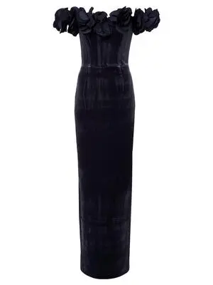 Rebecca Vallance Rosette Floral-appliqué Velvet Gown - Blue
