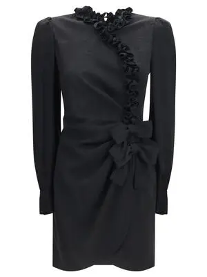 Alessandra Rich Silk Jacquard Mini Dress With Ruffles - Black