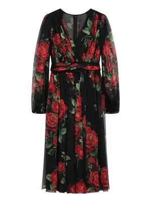 Dolce & Gabbana Dress With Rose Print In Silk Chiffon - Black