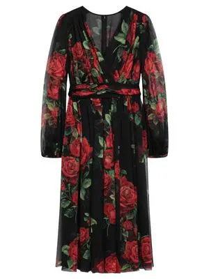 Dolce & Gabbana Dress With Rose Print In Silk Chiffon - Black