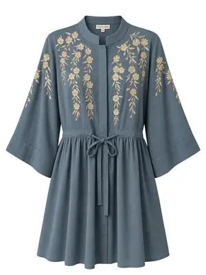 ARTEMIS MUSE Japanese Blossoms Metallic Champagne & Embroidery Selene Dress - Blue