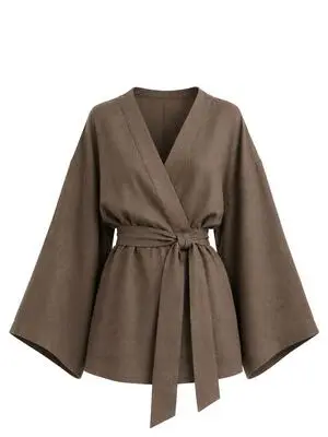 IDYLLO Linen Mini Kimono Jacket Dress With Belt - Brown