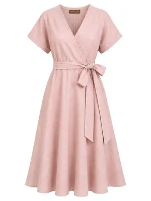 IDYLLO Linen Boho Wrapdress With Pockets Powder - Pink