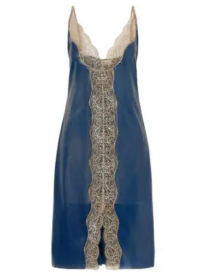 Saint Laurent Ribbed Latex-coated Lace Midi Dress - Blue