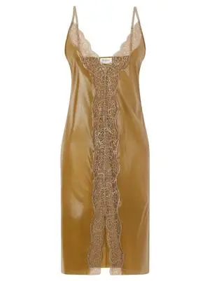 Saint Laurent Ribbed Silicone-coated Lace-trimmed Silk Midi Dress - Yellow