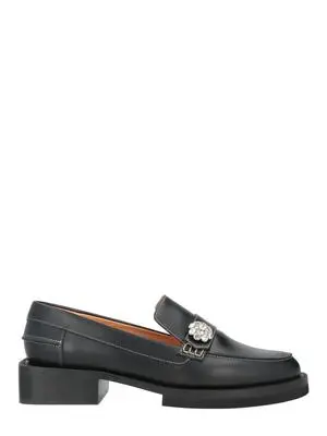 GANNI Small-size Rhinestone Solid Color Leather Loafers